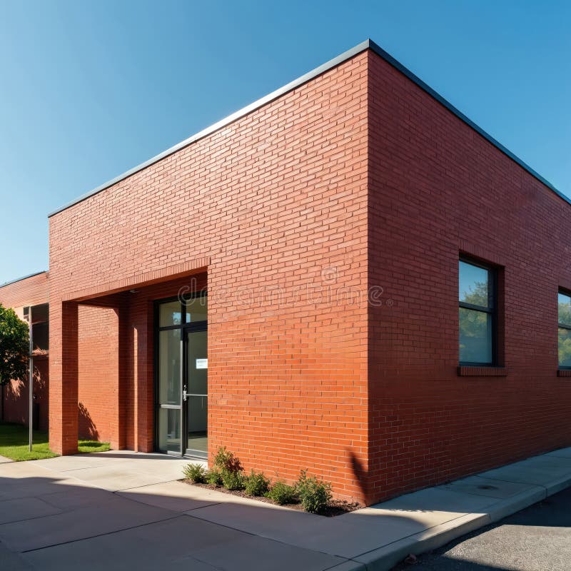 Exterior of Single-story Red Brick Office Building. Features Sharp ...