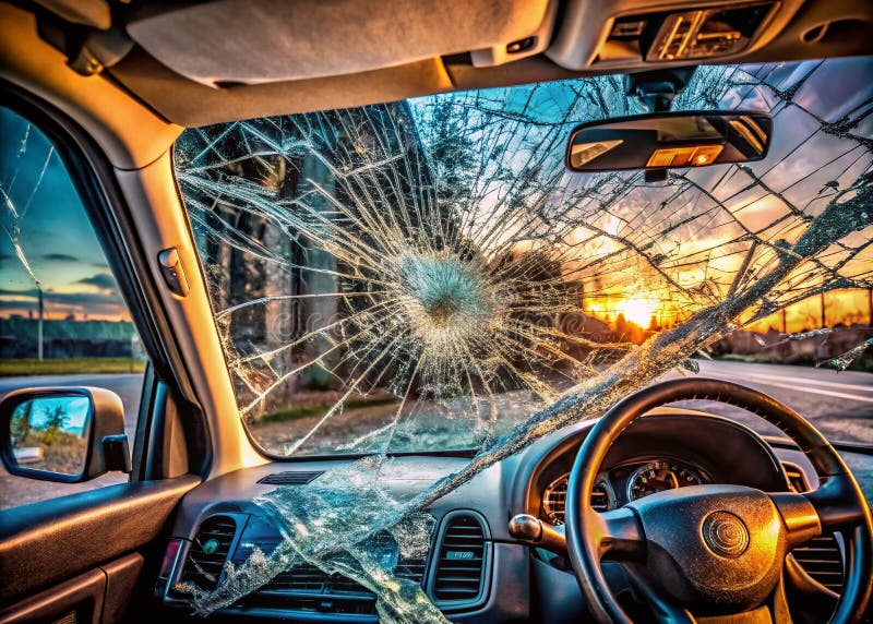 Exterior View of a Cracked Car Windshield Architectural Study of Impact ...
