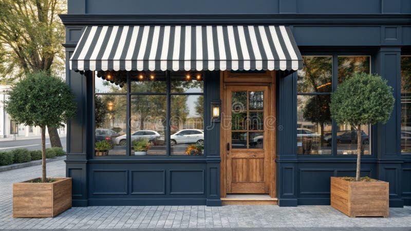 Exterior View Dark Blue Storefront W Striped Awning Stock Illustration ...