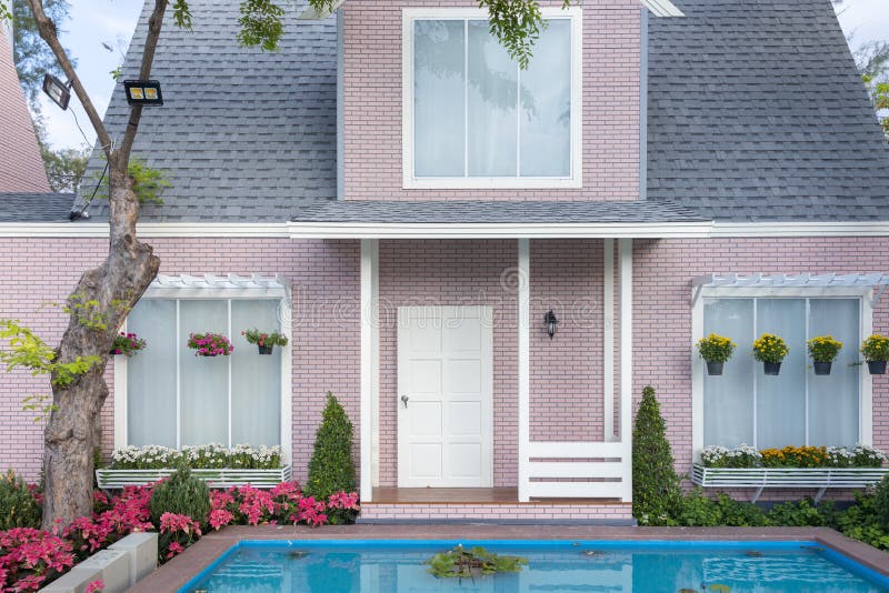 Exterior View of House with Pink Brick Wall Stock Image - Image of ...