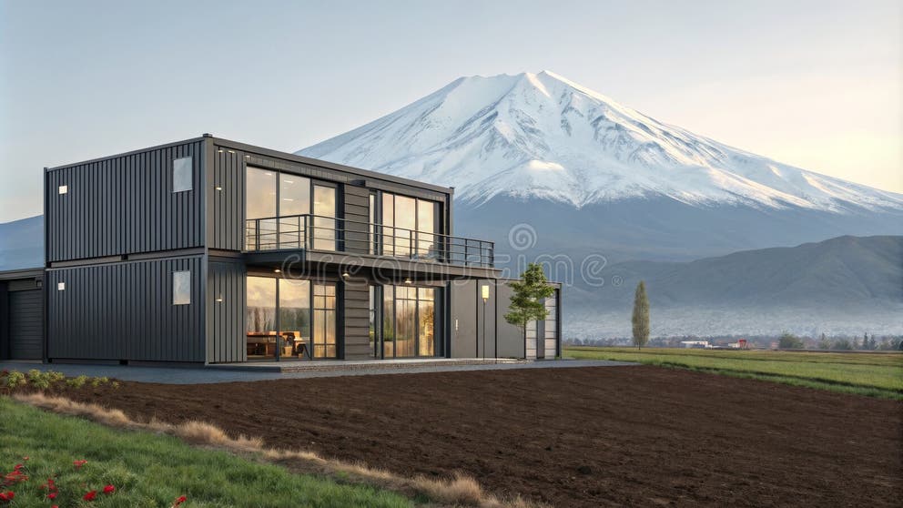 Exterior View Modern Container Home, Mt. Fuji Backdrop Stock ...