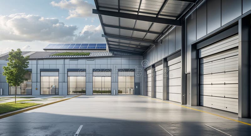 Modern Industrial Building Exterior with Loading Dock Doors and Solar ...