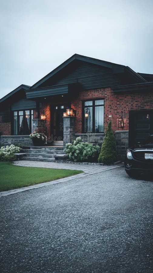 Exterior View of a Modern Red Brick House with Large Windows and Black ...