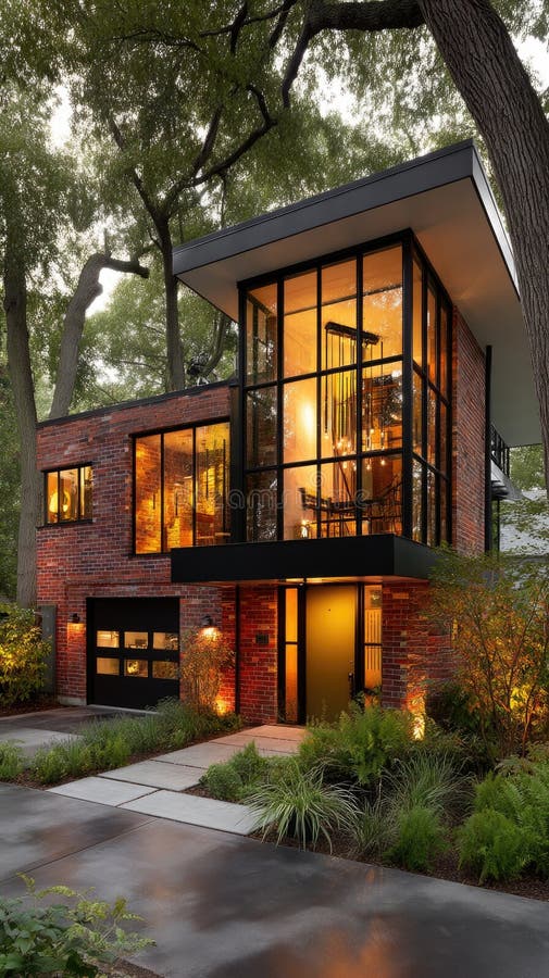 Exterior View of a Modern Red Brick House with Large Windows and Black ...