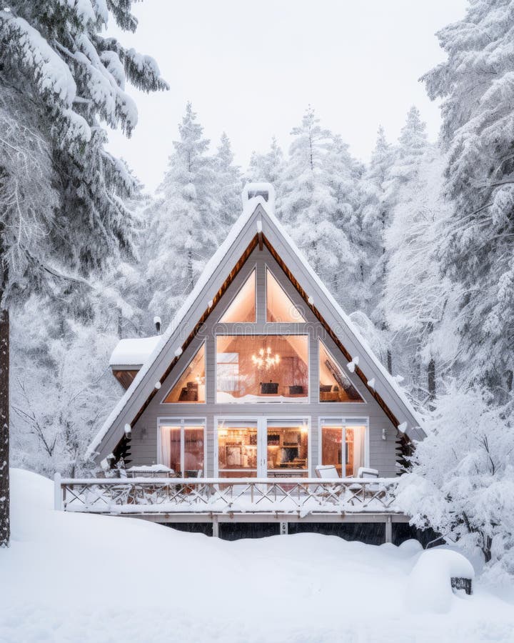 Exterior View of a Scandinavian Chalet Covered by Snow in Middle of ...