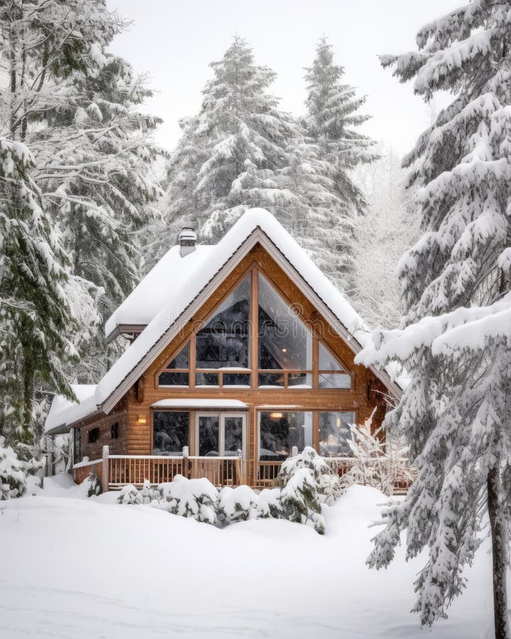 Exterior View of a Scandinavian Chalet Covered by Snow in Middle of ...
