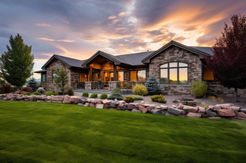 Exterior View of a Stone U-shaped Ranch Stock Image - Image of ...