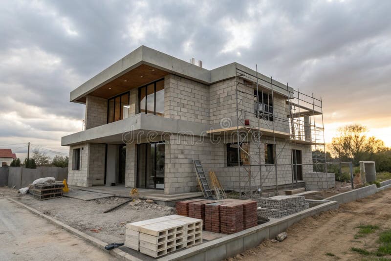 Under Construction Villa with Concrete Blocks and Bricks Stock ...