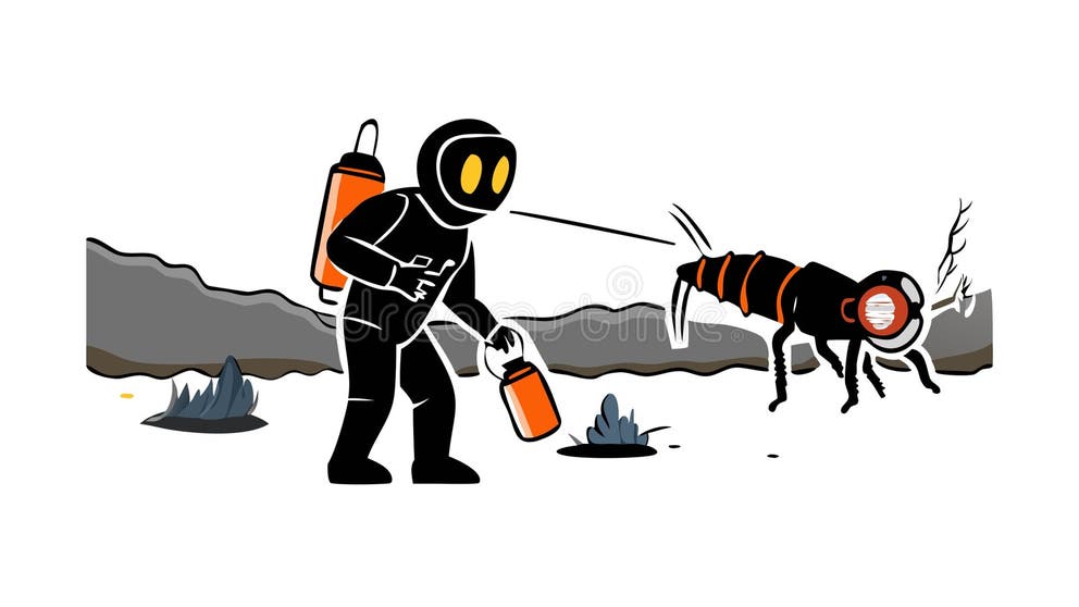 Exterminator Fighting Large Insect, Pest Control Professional, Vector ...