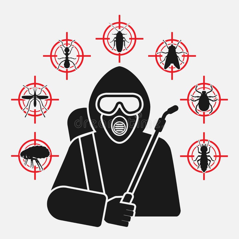 Exterminator with Sprayer Silhouette Surrounded by Insect Pest Icons ...