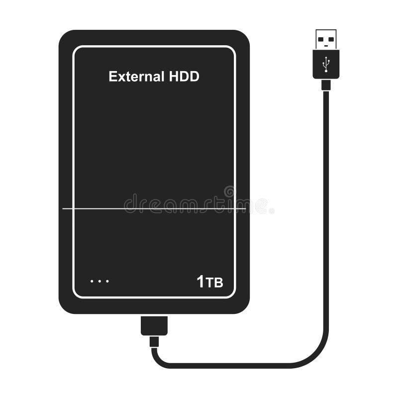 External Hard Disk Drive Icon with USB Cable Isolated on Dark ...