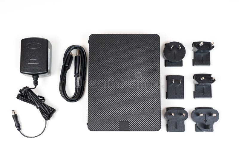External Hard Drive with Power Adapter and Plugs Stock Image - Image of ...