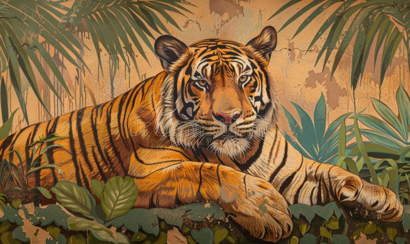 An Extinct Javan Tiger Depicted in a Detailed Mural Stock Image - Image ...