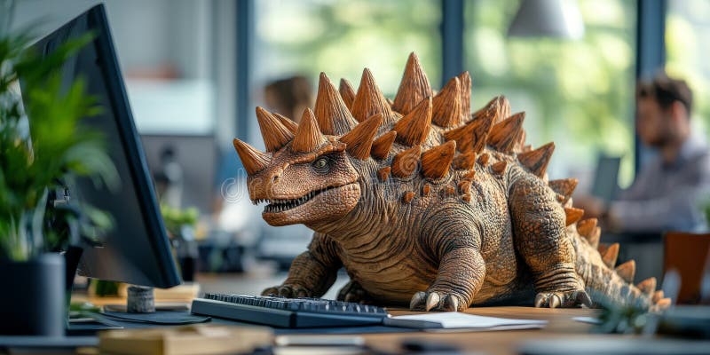 Nod Dinosaur Using Desktop Computer in the Office Stock Illustration ...