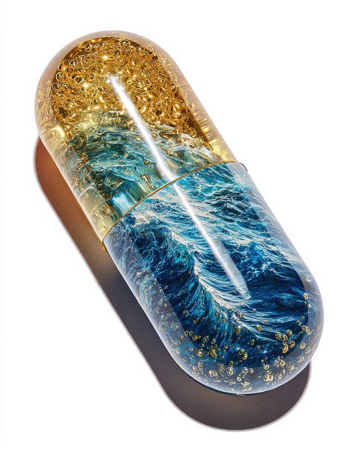 Oversized Capsule Containing Ocean Waves and Golden Bubbles on a White ...