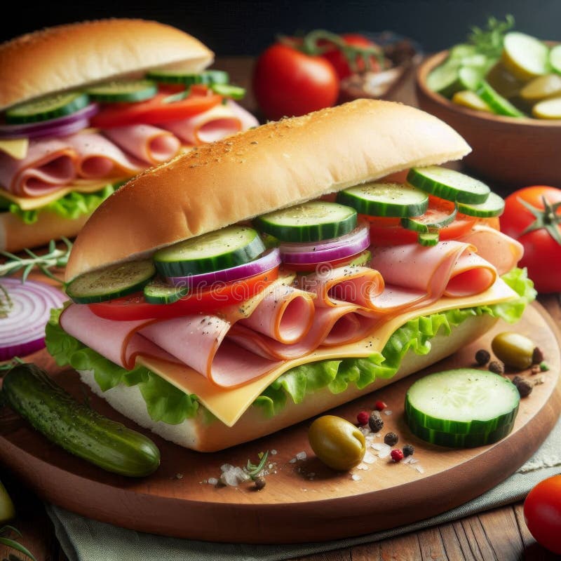 Extra Large Ham and Cheese Sub Sandwich with Fresh Veggies Stock ...