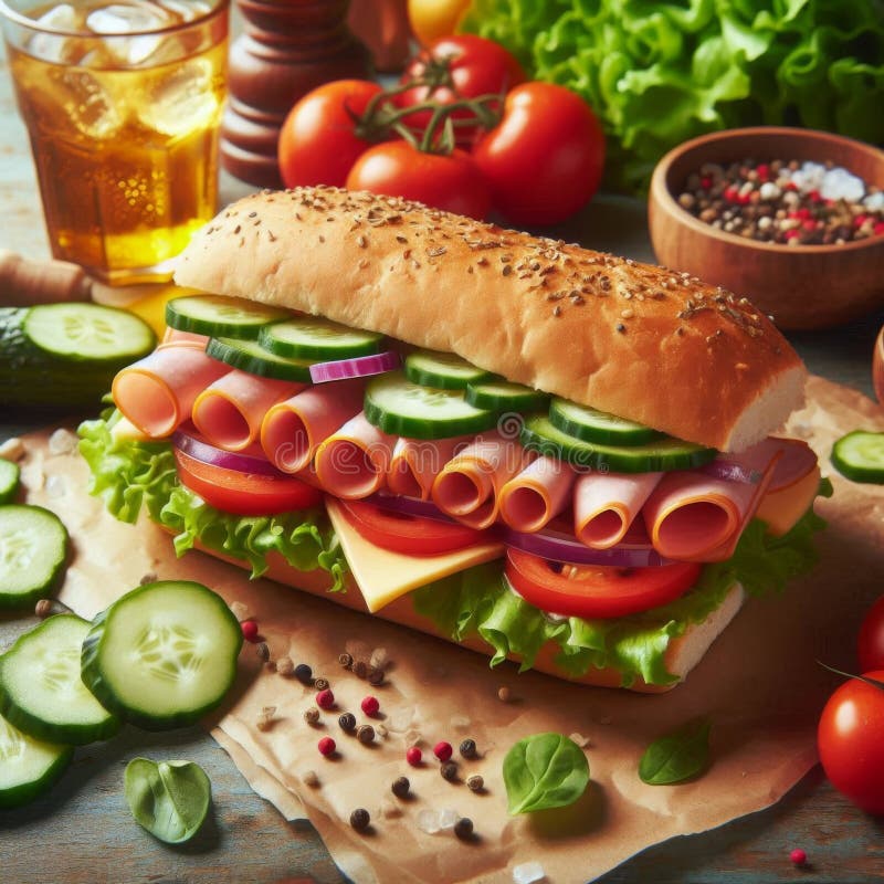 Extra Large Ham and Cheese Sub Sandwich with Fresh Veggies Stock ...