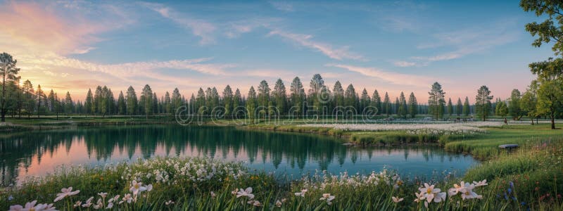 Extra Wide Panorama of Spring Lake and Forest Wetland. AI Generated ...