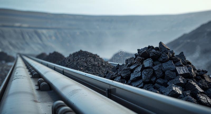 Extracted Lignite Coal Moving on Conveyor Belt in Open Pit Mine Stock ...