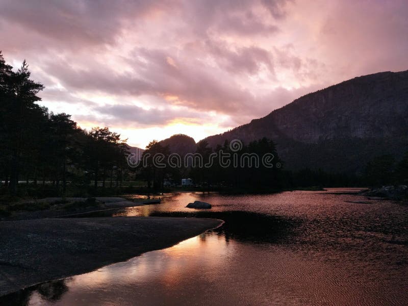 Extraordinary Sunset, Reflection in Water, Mountains Stock Photo ...