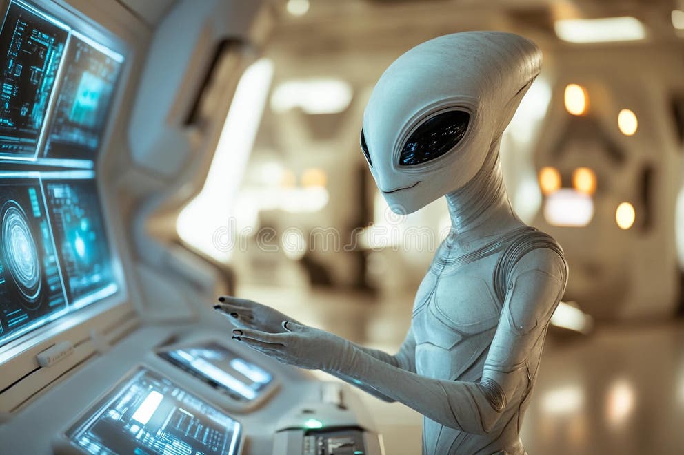 Futuristic Alien Interacts with Advanced Technology in a Sleek Spacecraft Environment Stock ...