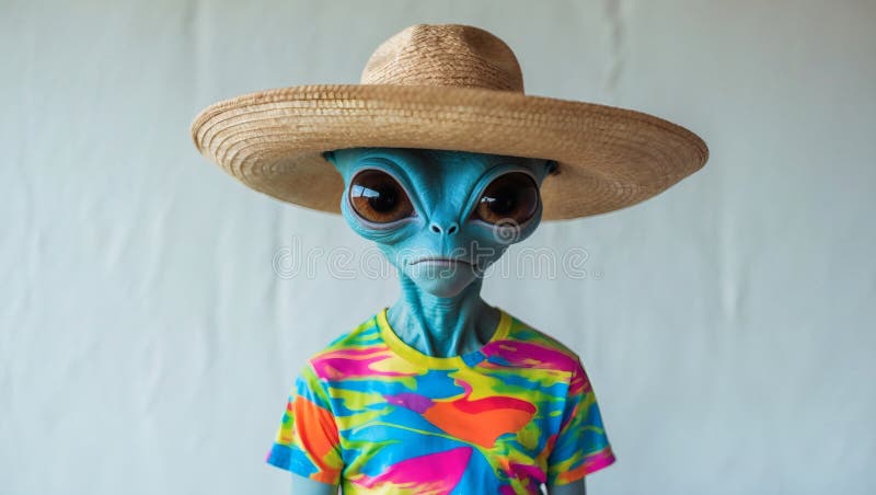 An Extraterrestrial Being Wearing a Straw Hat, Posing for a Portrait ...