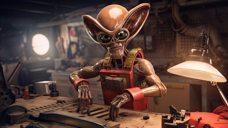 Alien Sitting on Top of Table Next To Lamp Stock Image - Image of ...