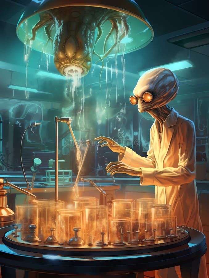 Extraterrestrial Entity Conducting Experiments In A Lab Sci Fi Illustration For Poster Stock