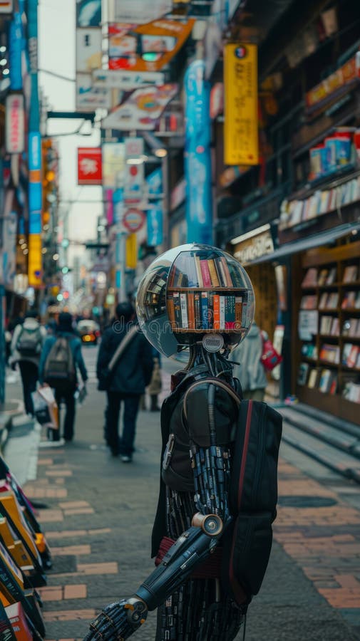 AI Generated. an Extravagant Android with a Voluminous Library Head ...