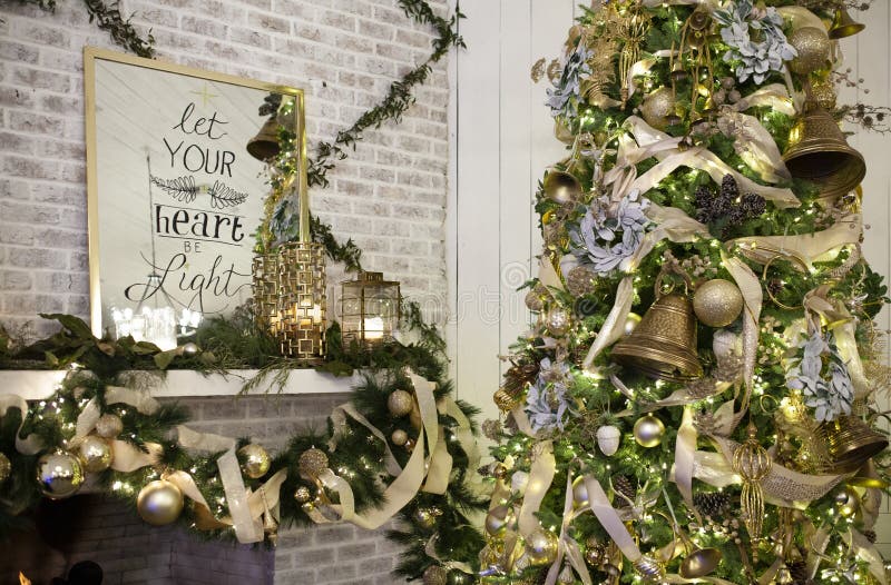 Extravagant Christmas Tree Decorated Next To Fireplace Hearth Stock ...