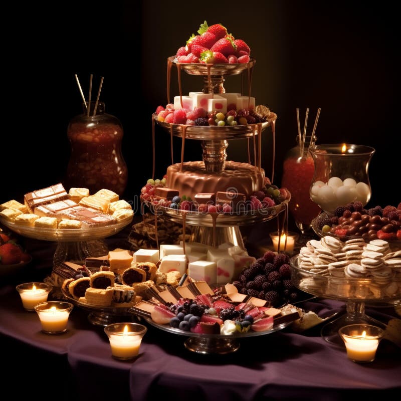 Extravagant Dessert Buffet with Towering Chocolate Fountain Stock Photo ...