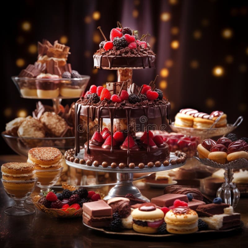 Extravagant Dessert Buffet with Towering Chocolate Fountain Stock Photo ...