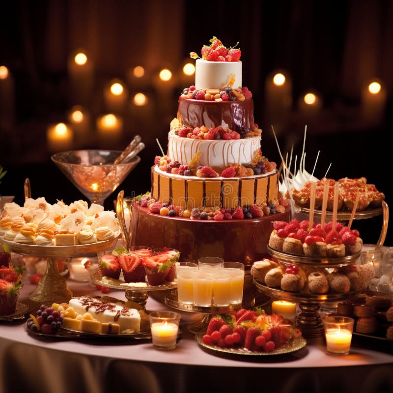 Extravagant Dessert Buffet with Towering Chocolate Fountain Stock Photo ...