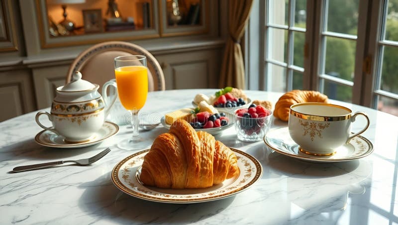 An Extravagant Luxury Breakfast Set on a Marble Table Stock ...