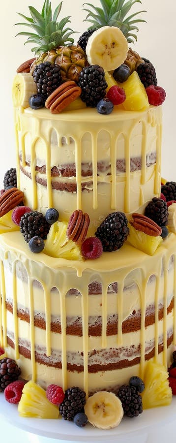 Extravagant Multi Layered Fruit and Nut Decorated Cake with Dripping ...