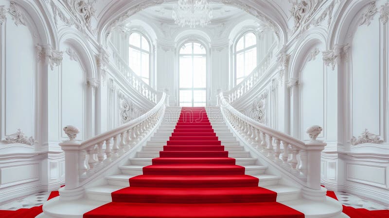 Extravagant Red Carpet Staircase in a Luxurious White Hall Stock Photo ...
