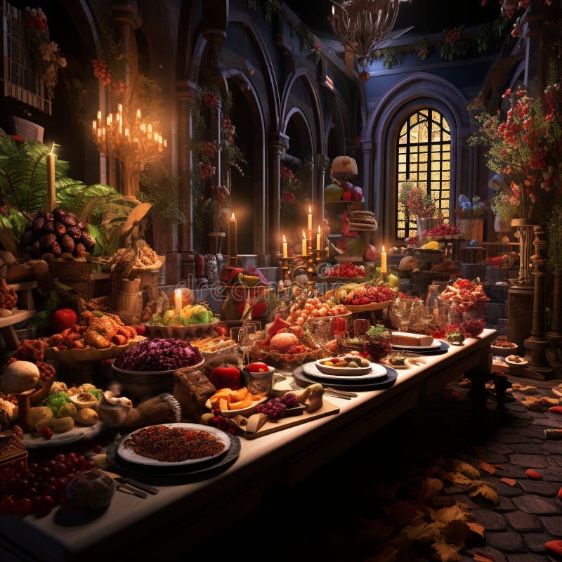 Extravagant and Vibrant Dining Setup with Elaborate Feast Stock Image ...