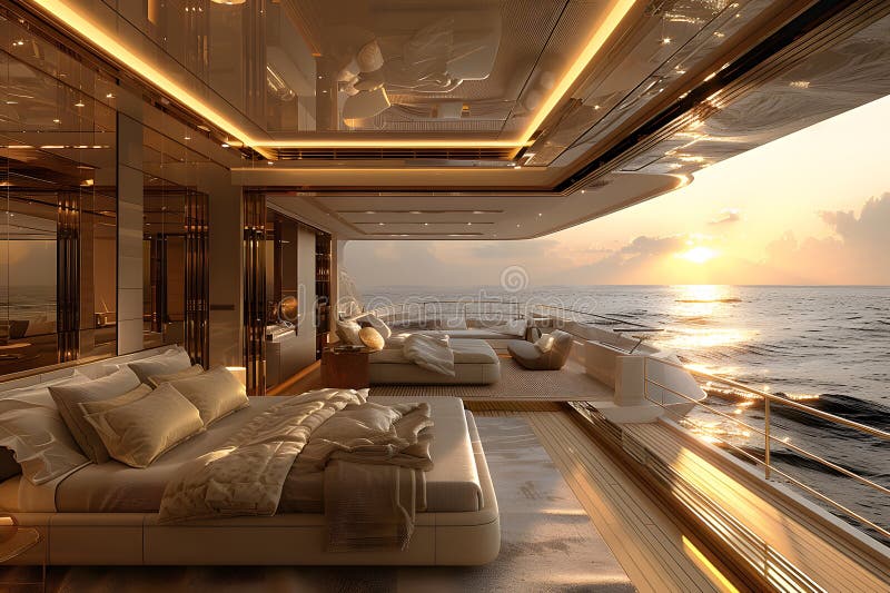Luxurious Yacht Cabin Design at Sunset Overlooking Ocean for Vacation ...