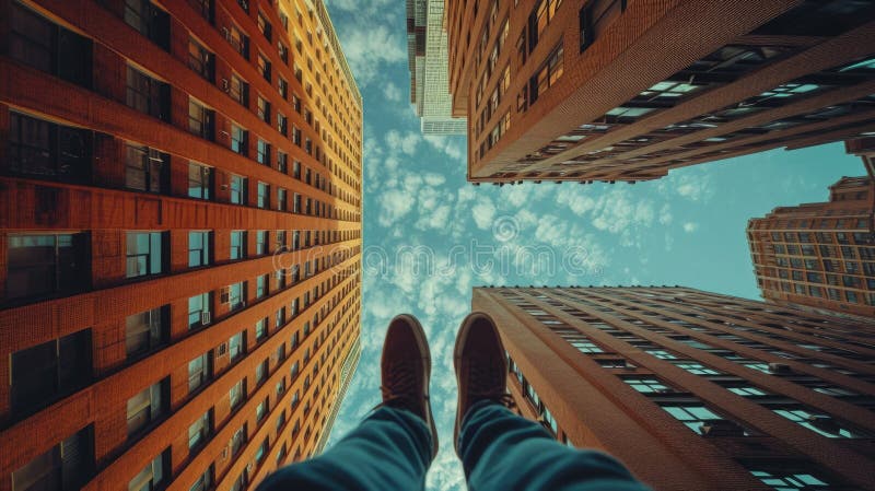 Extreme Angle Shot Looking Down from a Skyscraper, Capturing a Roofer ...