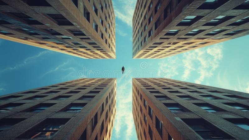 Extreme Angle Shot Looking Down from a Skyscraper, Capturing a Roofer S ...