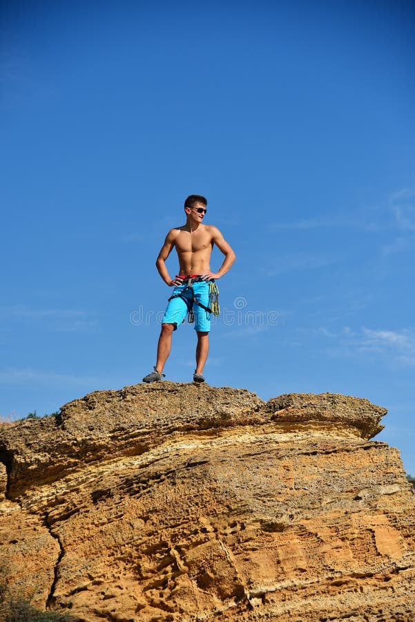 Extreme Climber on the Top of Mountain Stock Photo - Image of ...