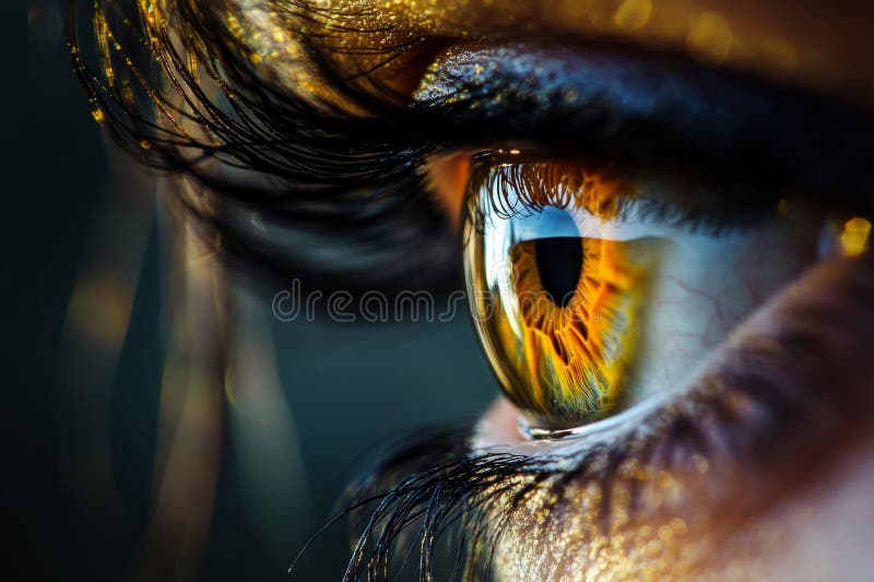 Extreme Close-up of Eye with Golden Makeup Reflecting Light Stock Photo ...