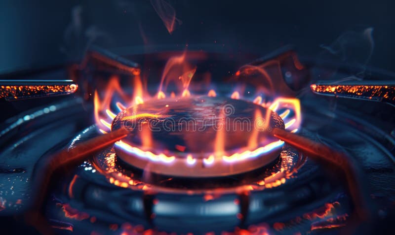 Extreme Close-up of a Gas Cooktop Burner Emitting a Steady Flame Stock ...