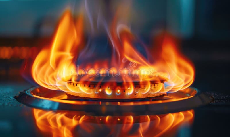 Extreme Close-up of a Gas Cooktop Burner Emitting a Steady Flame Stock ...