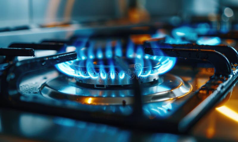Extreme Close-up of a Gas Cooktop Burner Emitting a Steady Flame Stock ...