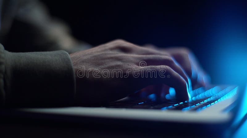 Extreme Close Up Hands Of Unrecognizable Hacker Programmer Working Typing On Keyboard Laptop