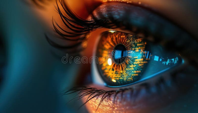 Extreme Close-up of Human Eye with Computer Code Reflection, Tech Integration. Iris Displays ...