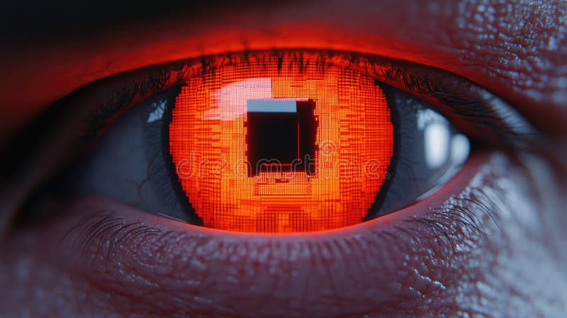 Extreme Close-Up of a Human Eye with a Glowing Red Circuit Board Iris ...