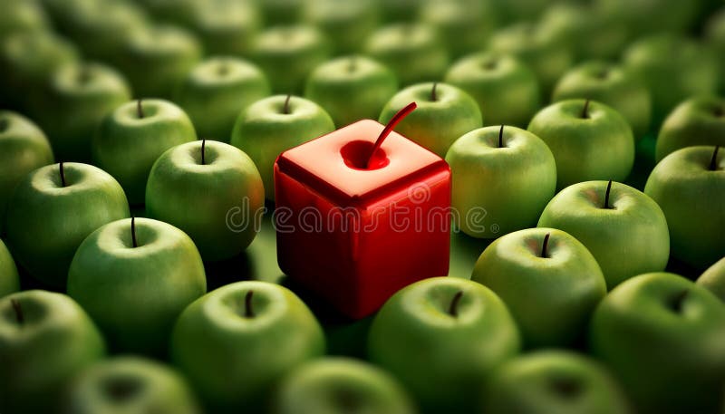 Close-up of One Cube Shaped Red Apple between the Normal Green Apples ...