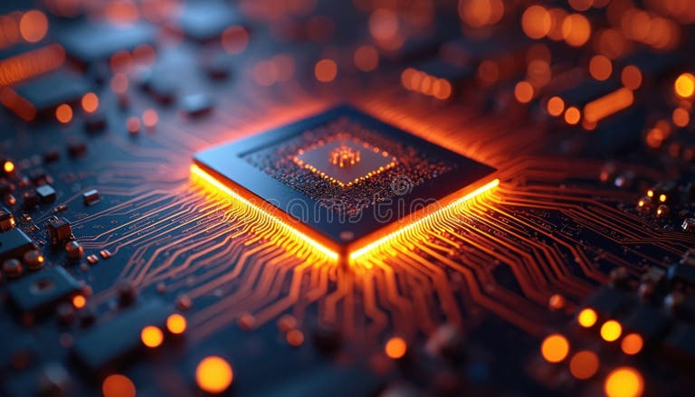 Extreme Close-up of Quantum Processor Chip with Glowing Orange ...